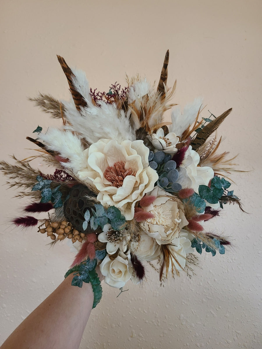 Boho Mauve Pink Wood Flower Bouquet With Pampas Grass – My Dinosaur Dreams